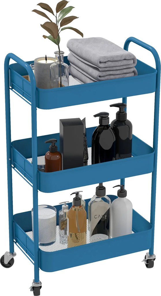 HOMCOM Úložný Vozík s Kolíky 3 Košíky a Ocelový Rám pro Obývací Pokoj, Ložnici, Kancelář a Kuchyň 45x30.6x79 cm Tmavě Modrý | Aosom
