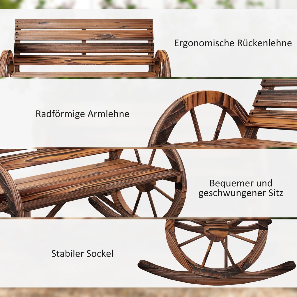 Dřevěná houpací lavice Outsunny, dvoumístná houpací lavice s područkou, nosnost až 240 kg, pro zahradu a balkon, design z ohořelého dřeva |