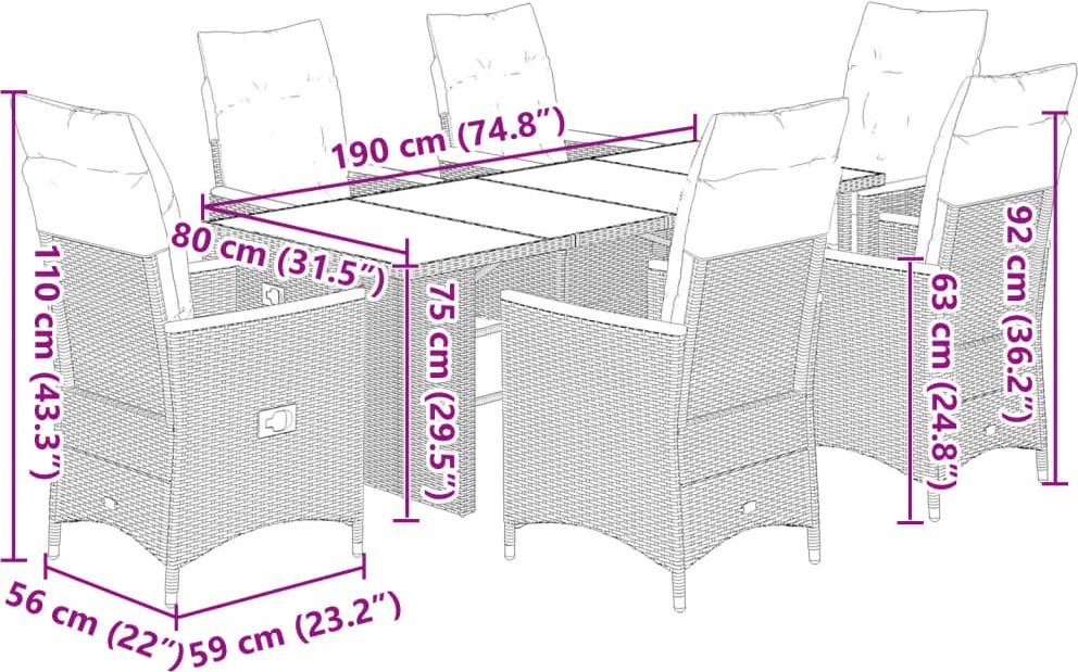 7dílný zahradní bistro set s poduškami šedý polyratan 3276973