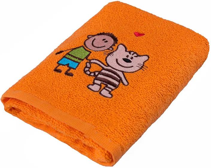Škodák Dětský froté ručník LILI oranžový - Kluk s kočkou - 30x50cm