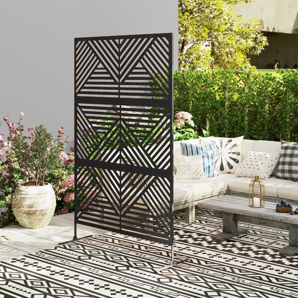 Dekorativní venkovní rozdělovací stěna Outsunny s diamantovými motivy a 2 nohama, vysoká ocelová zahradní stěna pro balkón a terasu, 122x45x198 cm, č…