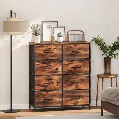 HOMCOM komoda se 8 látkovými zásuvkami, úložný nábytek, 4 kapsy, 2 háčky, ocelový rám, 86 x 30 x 94,5 cm, rustikální hnědá