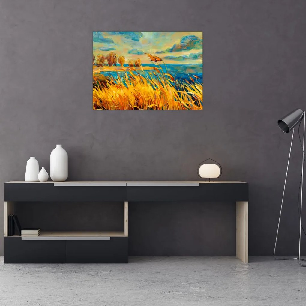 Skleněný obraz - Západající slunce nad jezerem, akrylová malba (70x50 cm)