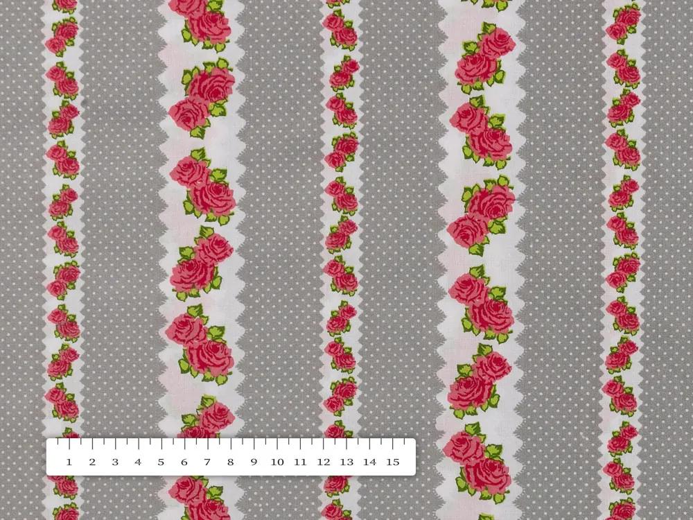 Biante Bavlněný povlak na polštář s lemem Sandra SA-419 Růžičky na šedém puntíkovaném 35 x 45 cm