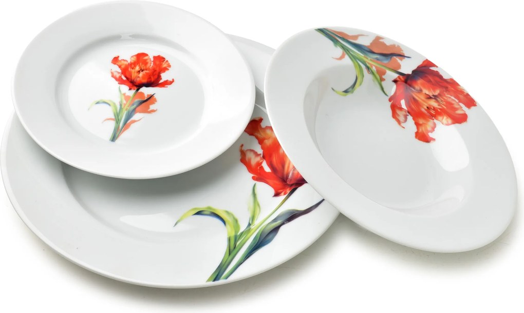 Porcelánová jídelní sada LEA Tulip 18 ks bílá/červená