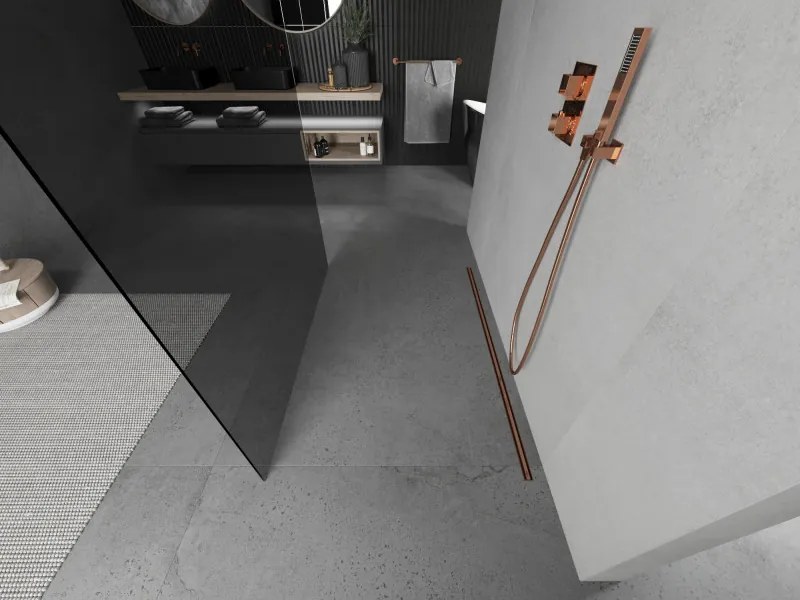 Mexen Kioto, průchozí sprchová zástěna 100 x 200 cm, 8mm šedé sklo, 2x růžové zlato stabilizační rozpěra, 800-100-002-60-40
