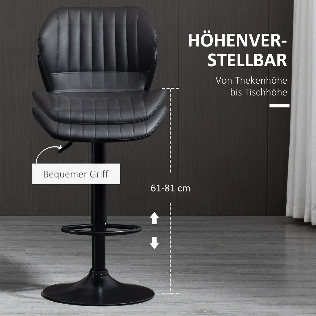 HOMCOM Barová židle výškově nastavitelná sada 2 otočných židlí otočných o 360° s opěradlem v imitaci kůže 48,5x55,5x90-110 cm do kuchyně a baru | Aos…