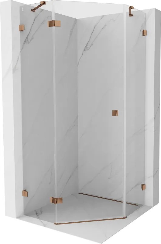 Mexen Lunar, Pětiúhelníkový sprchový kout Mexen Lunar naklápěcí doleva 100 x 100 cm, 8mm čiré sklo, profil růžové zlato, 831-100L-100P-60-00-L