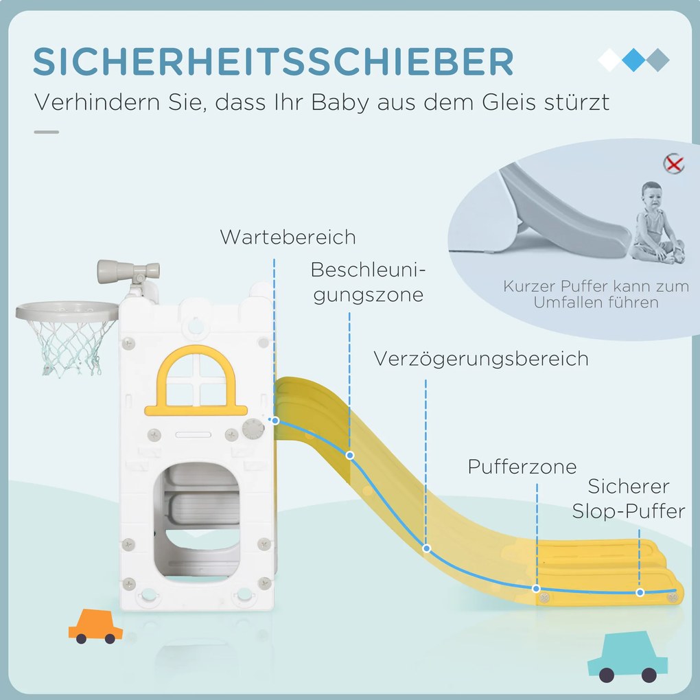 Dětská skluzavka, 5 v 1, skluzavka pro batolata s basketbalovým košem, teleskopická prolézačka žlutá 70 x 177 x 92 cm