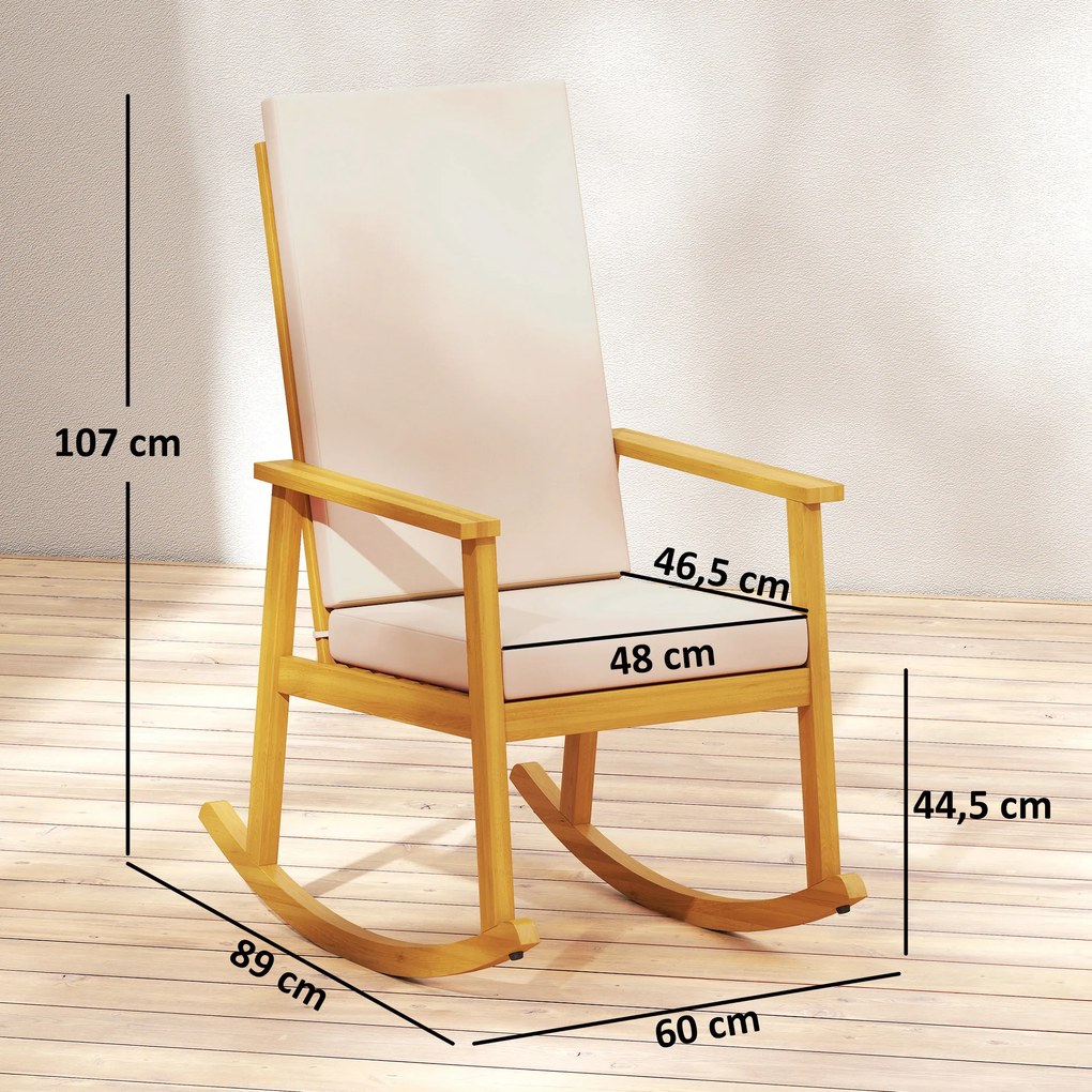 Outsunny Houpací křeslo z akátového dřeva Houpací křeslo s vysokým opěradlem Polštář do 160 kg 60 x 89 x 107 cm Béžová barva