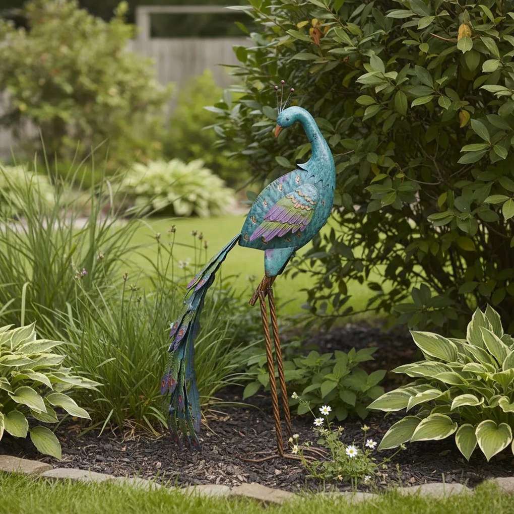 Zahradní kovová figurka Peafowl, 78 cm, modrá