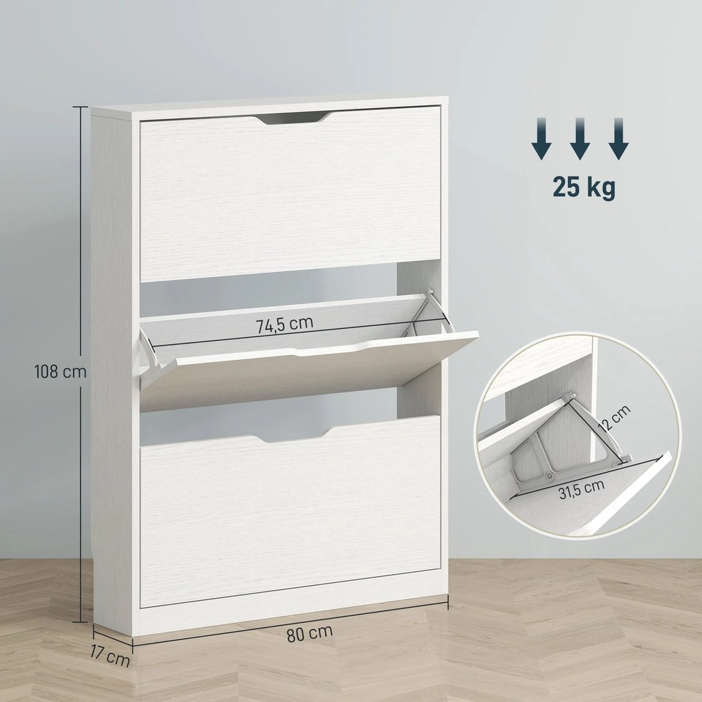 HOMCOM Skříň na boty se 3 dvířky, Botník, Skříň na obuv pro 9-12 párů bot 80 x 17 x 108 cm, Bílá