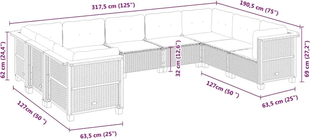 9dílná zahradní sedací souprava s poduškami černá polyratan 3261977