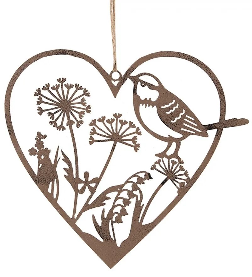 Hnědý kovový ozdobný závěs srdce s ptáčkem a květy - 16*1*15 cm