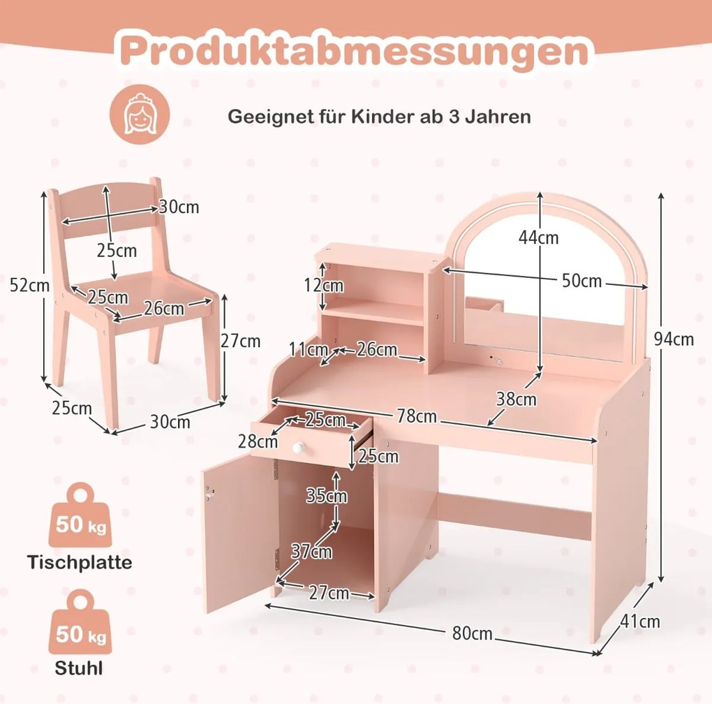 Costway Dětský kosmetický stolek s LED zrcadlem a taburetem, růžový