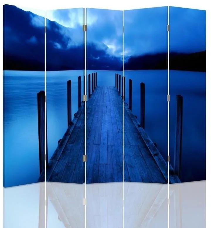 Ozdobný paraván Modrá krajina - 180x170 cm, pětidílný, obustranný paraván 360°