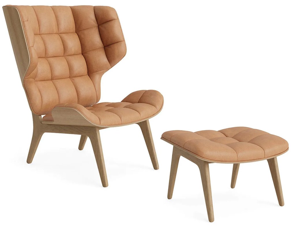 Výprodej Norr 11 designová křesla Mammoth Chair & Ottoman - kůže koňaková, podnož dub přírodní