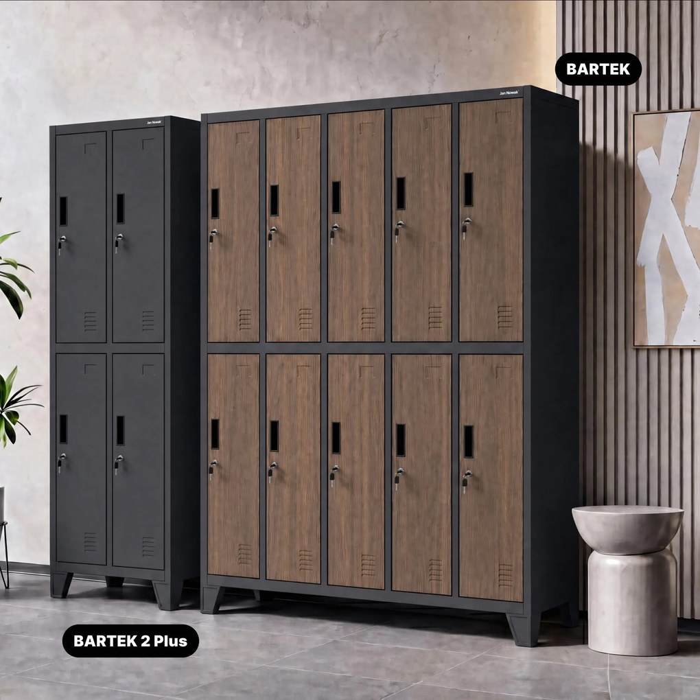 Plechová šatní skříňka na nožkách s 10 boxy BARTEK, 1360 x 1720 x 450 mm, Eco Design: antracitová/ ořech