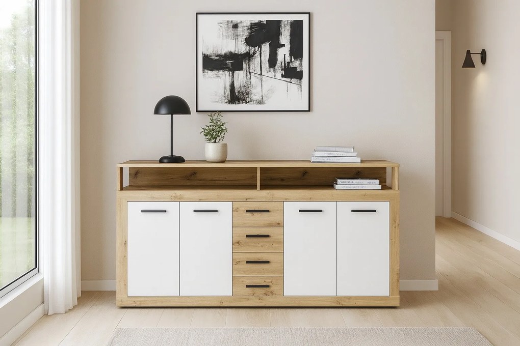 Komoda Luna 190 cm dub Artisan/bílá