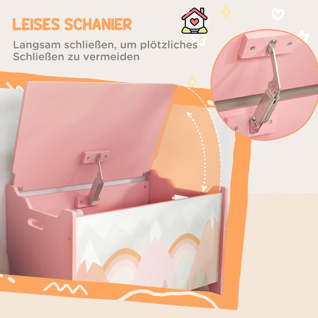 ZONEKIZ Úložný box s úložným prostorem, box na hračky s bezpečnostním závěsem víka, design roztomilých zvířátek, 60 x 37 x 39 cm, růžová barva