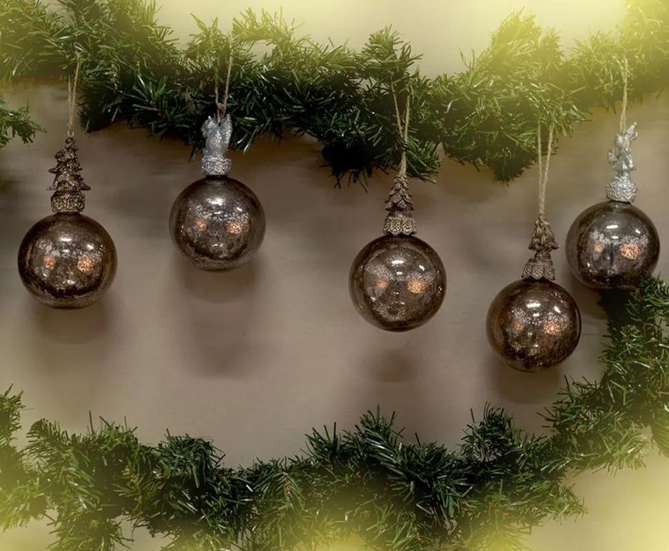 Stříbrná antik skleněná vánoční koule se sobem - Ø 7*14 cm