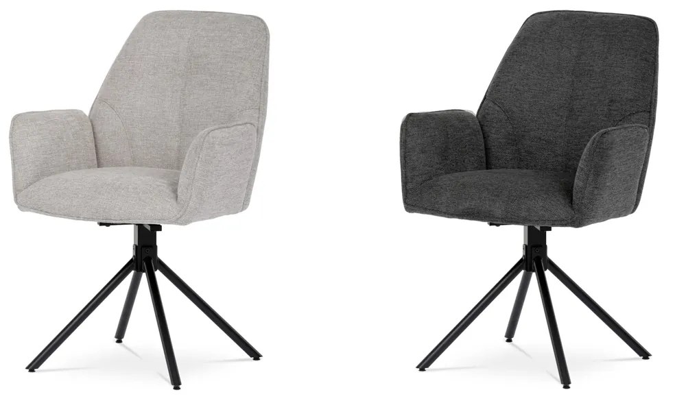 Jídelní židle v šedé látce s područkami, otočná s vratným mechanismem - funkce reset, kovové podnoží v černé barvě