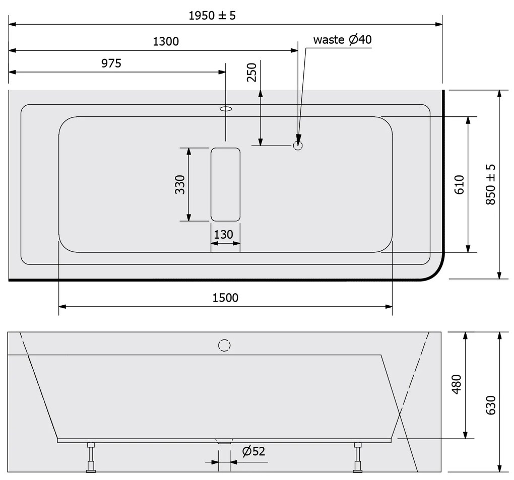 Polysan MARLENE CURVE L MONOLITH obdélníková vana 195x85x63cm, bílá, 78731MCL