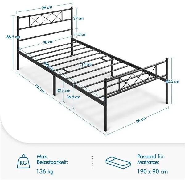Kovová postel 90x200cm černá
