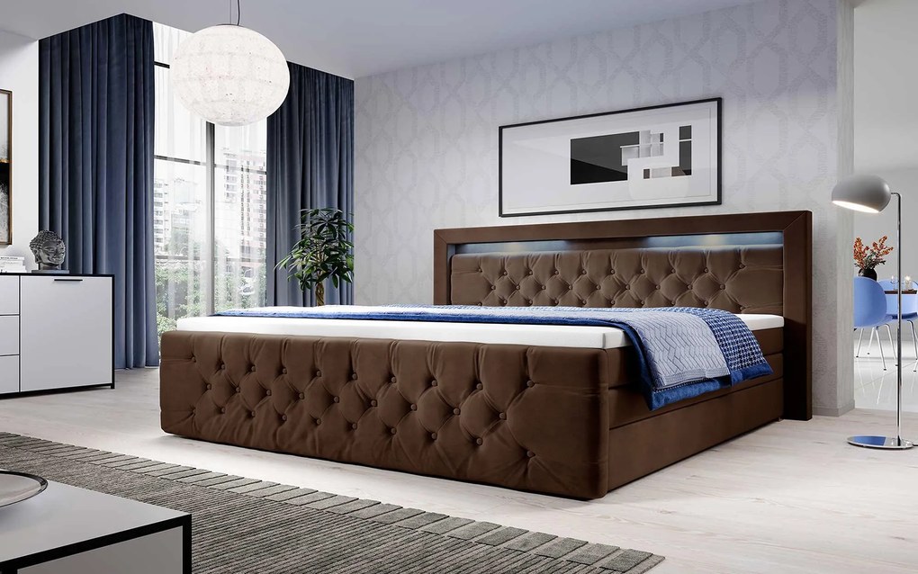 Boxspring postel GLORIA s úložným prostorem a LED, látka Velikost postele: 120 × 200 cm, Barva látky: Béžová látka, Výběr matrace: Taštičková zónová…