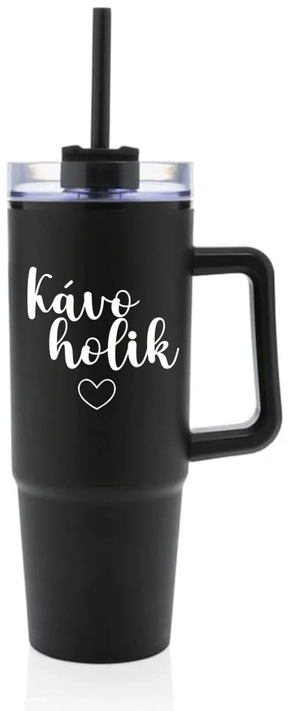 KÁVOHOLIK - černý cestovní termohrnek s průhledným víčkem 900 ml