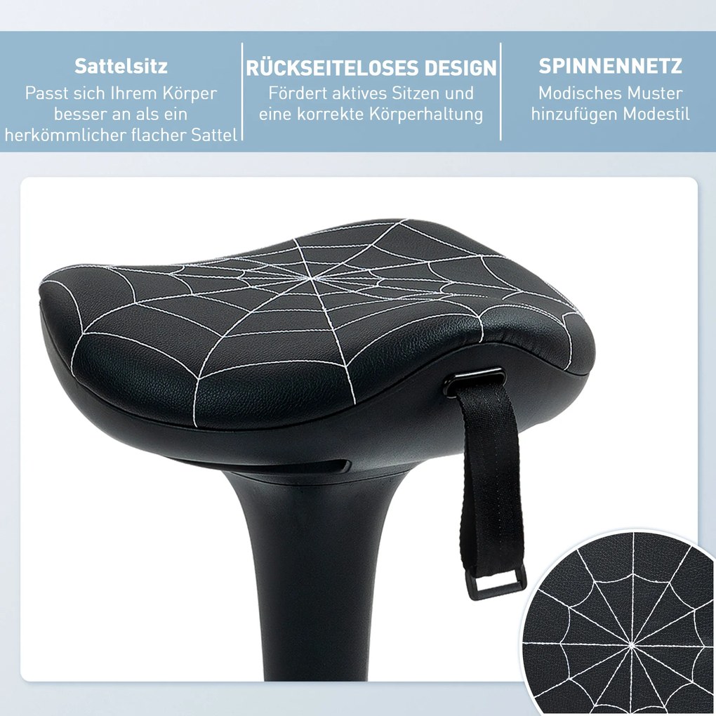 Vinsetto ergonomická otočná sedlová stolička — výškově nastavitelná 65,5–83,5 cm, náklon 120°, protiskluzová, černá