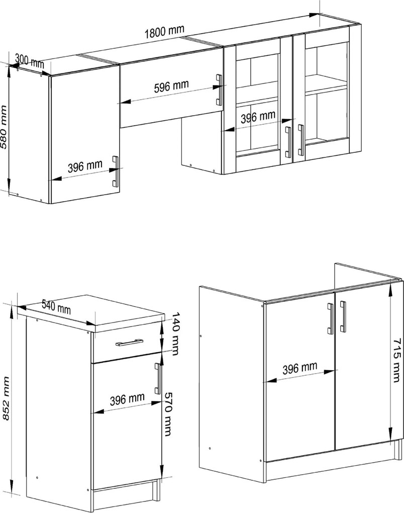 Kuchyňská linka Olivie 1,8 m prosklená bílá/dub sonoma