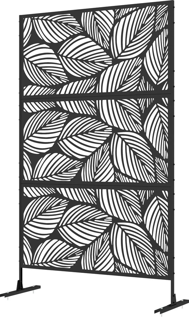 Outsunny Paraván 3-Panel 122 x 198 cm Zahradní Ochranné Zábrany, Dělicí Stěna 3-dílný Ochranný Paraván z Oceli s Listovým Vzorem pro Zahradu, Terasu,