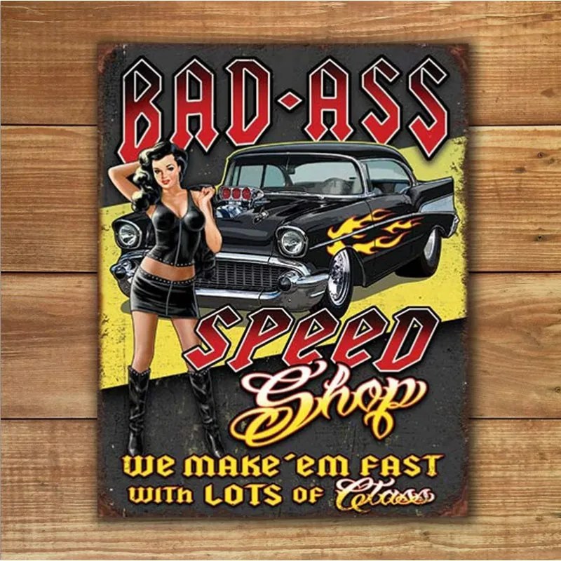 Plechová cedule Bad Ass Speed Shop 40 cm x 32 cm
