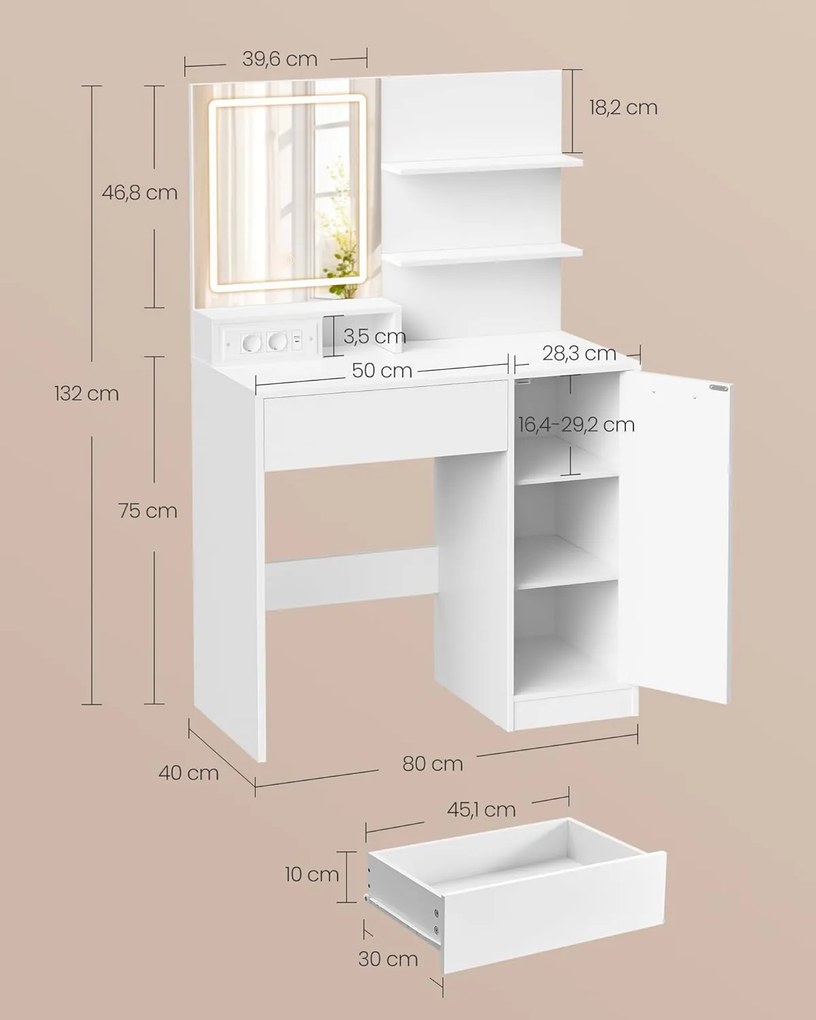 Toaletní stolek Vasagle Cimo se zrcadlem a LED osvětlením 80 cm bílý