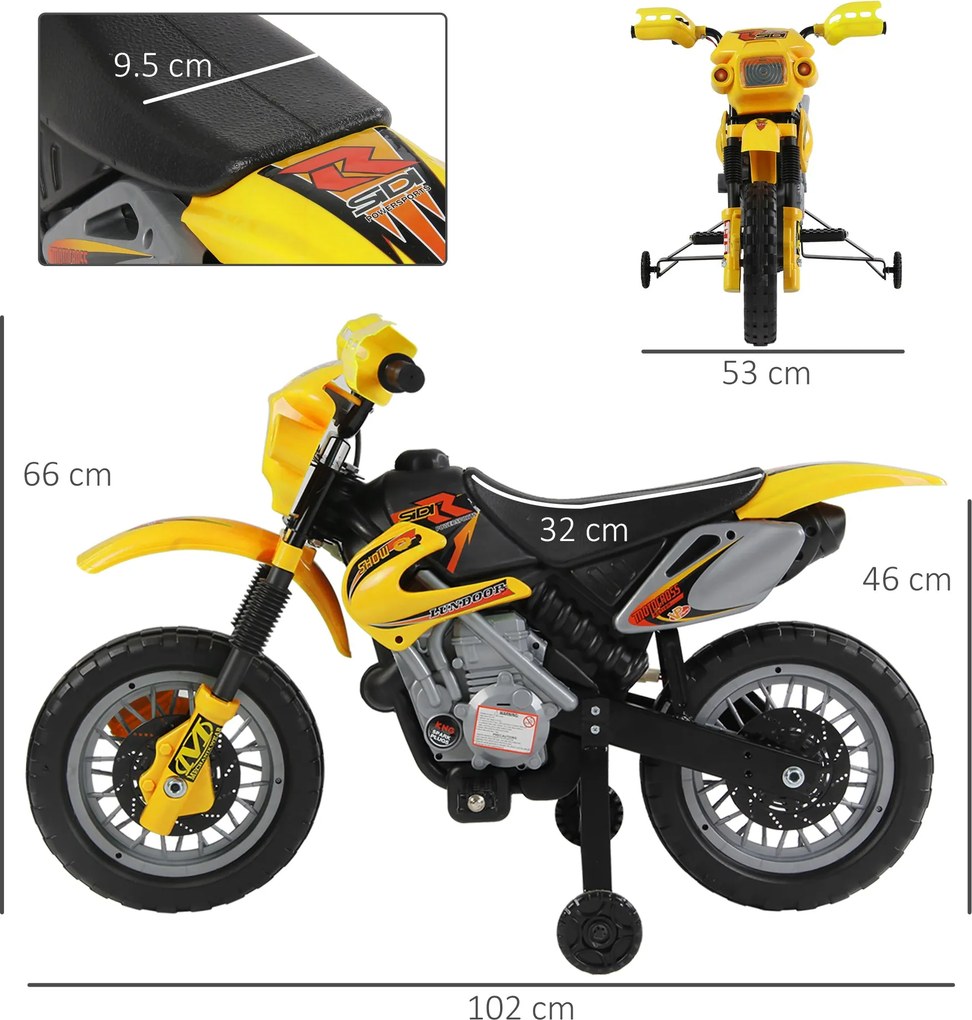 HOMCOM Dětská Elektrická Motorka, Krosová Motorka pro Děti s 6V Baterií, Světly, Hudbou a Přídavnými Koly, Věk 3-6, Nosnost 25KG, Žlutá a Černá