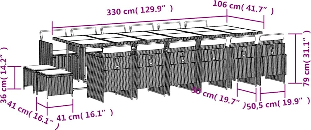 17dílný zahradní jídelní set s poduškami černý polyratan 3210642