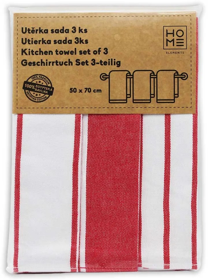 HOME ELEMENTS Sada 3 utěrek z egyptské bavlny 50*70 cm, Pruhy červené