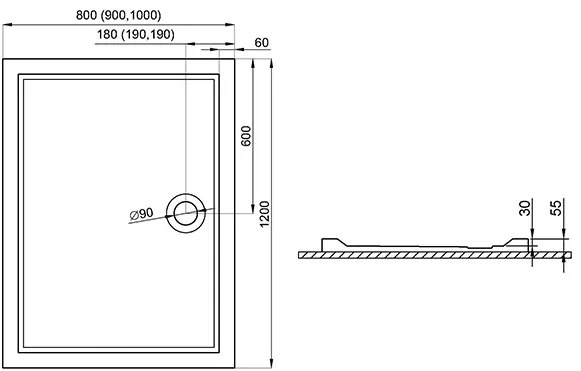 Polimat Obdélníková akrylátová sprchová vanička Goliat 2 90x80 (100x80, 100x90, 110x80, 110x90, 120x80, 120x90, 120x100) Barva: Bílá, Rozměry (cm): 100x90