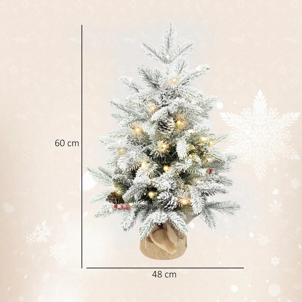 HOMCOM Mini vánoční stromek 60 cm s 35 LED světly, efekt sněhu, mini stolní stromek s šiškami, umělý vánoční stromek pro vánoční dekoraci, bílý