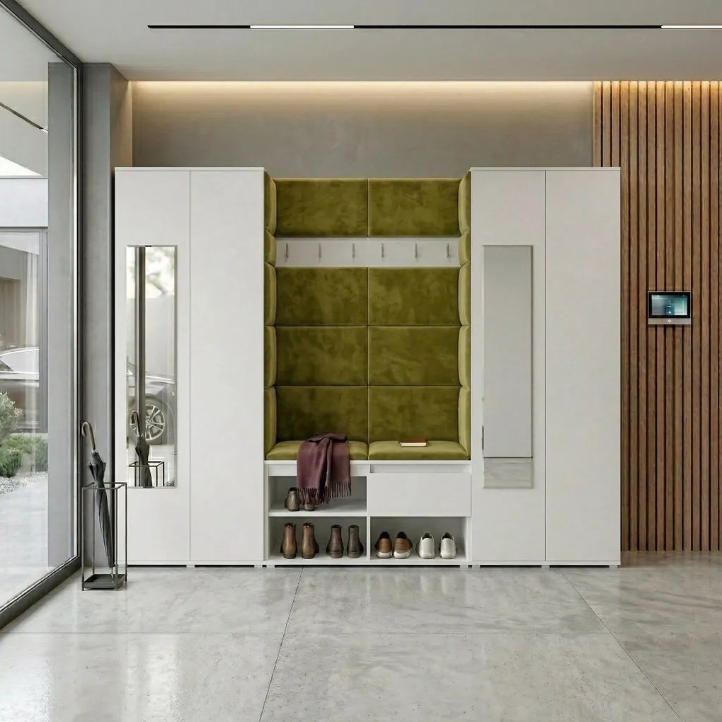 Předsíňová stěna Trinity 10 s čalouněnými panely, 280 cm, bílá / olivová