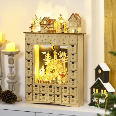 HOMCOM Adventní kalendář k naplnění, 24 šuplíků, přihrádky, vánoční kalendář s LED světly, přírodní dřevo, 36 x 9 x 52 cm