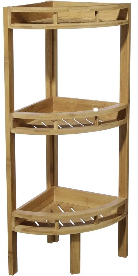 Třípatrová rohová polička z bambusového vlákna do koupelny anebo sauny, regál s poličkami, polička bambusová, bambusový nábytek, koupelnový nábytek