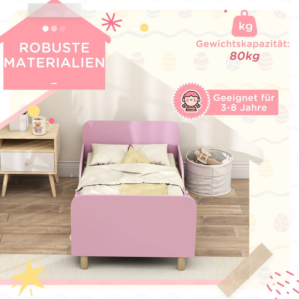 Rám dětské postele, rám jednolůžka pro děti, bezpečnostní brána, malá postel do dětského pokoje, MDF, bez matrace, růžový