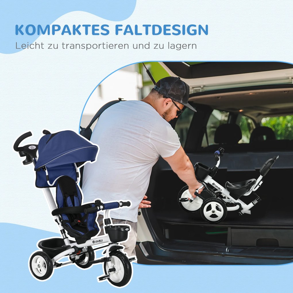 HOMCOM tříkolka 6 v 1 s odrážedlem do 25 kg, skládací dětská tříkolka s bezpečnostním pásem, odnímatelnou sluneční stříškou, držákem na nápoje a koší…