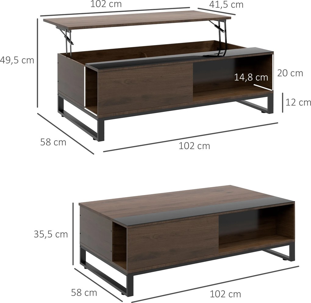 HOMCOM konferenční stolek odkládací stolek se zvedací funkcí 102x58x35,5cm moderní rozkládací stolek s úložným prostorem z oceli v barvě ořech černá |