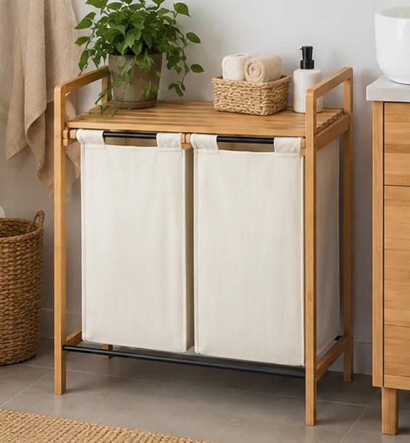 koš na prádlo, 2 vaky, 46 l, bambus/látka, 71x63x33 cm, přírodní/krémová, Dekorino KP20260009