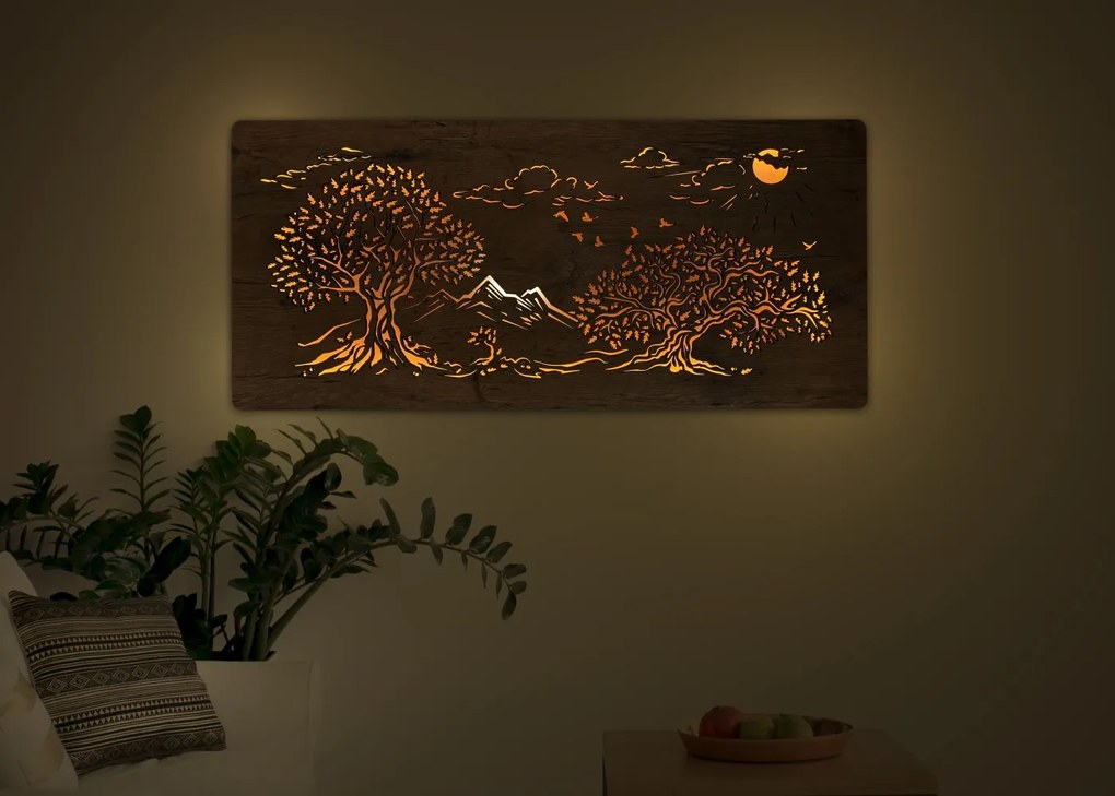 Li-Go "Tři duby" světelný obraz s baterií 110x50cm varianta: ovládání na obraze bez dálkového ovladače, provedení: bříza