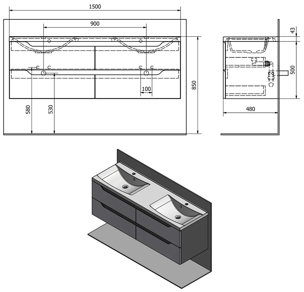 Sapho Wave koupelnová skříňka 149,7 x 50 x 47,8 cm pod dvojumyvadlo bílá dub cuneo WA150-3025