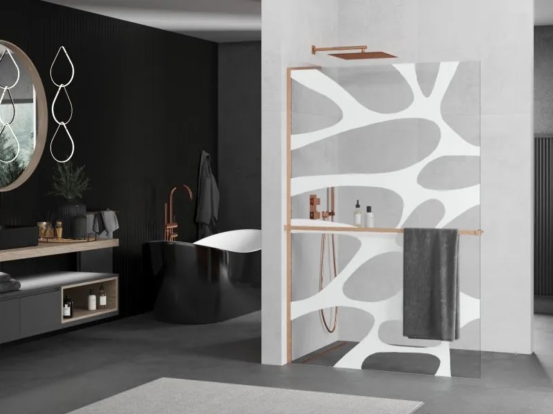 Mexen Kioto+ L, sprchová zástěna Walk-In s poličkou a věšákem 110 x 200 cm, 8mm čiré sklo bílý vzor, ​​měděný matný profil, 800-110-123-65-97